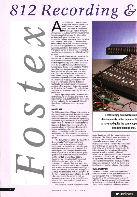 Fostex 812 Recording & 2016 Line Mixers (SOS Apr 90)